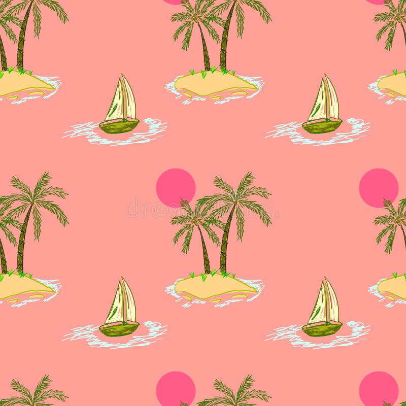 Island and Yacht Pattern, Palm Trees Seamless Pattern, Vector ...