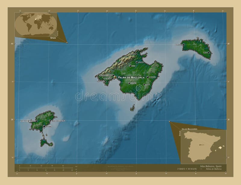 Islas Baleares, Spain. Physical. Labelled Points of Cities Stock ...