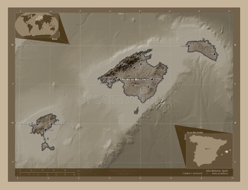 Islas Baleares, Spain. Sepia. Labelled Points of Cities Stock ...