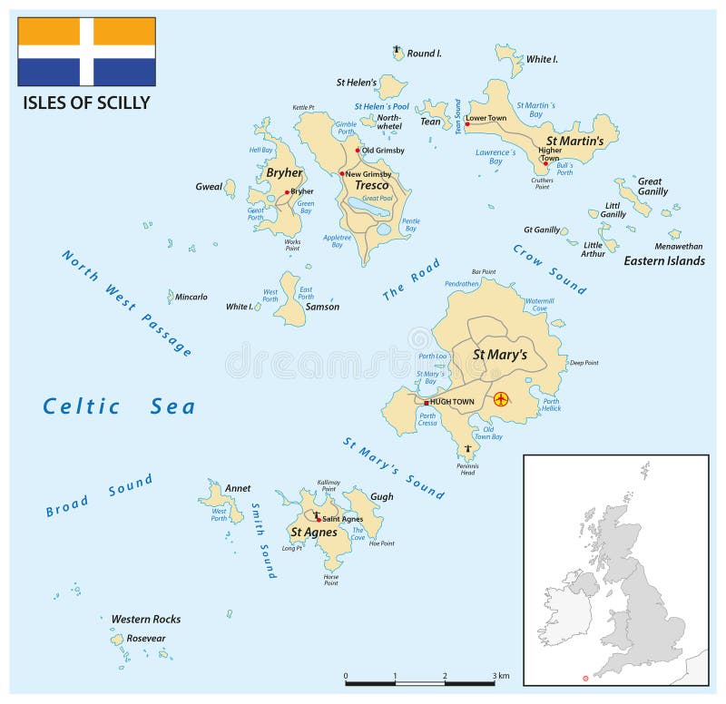 The Isles of Scilly Road Map with Flag Stock Illustration ...