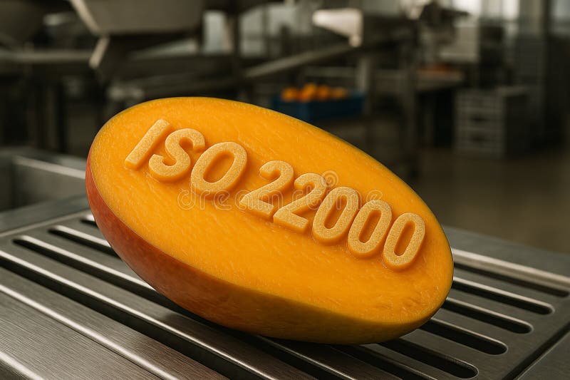 ISO 22000 Certification Carved on Ripe Mango Surface in Quality Control ...
