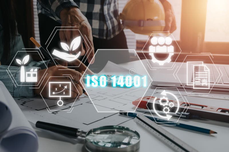 Engineer Team Working on Office Desk with Iso 14001 Icon on Virtual ...