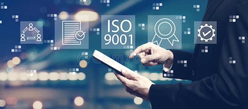 ISO 9001 Concept with Businessman Using a Tablet Stock Illustration ...