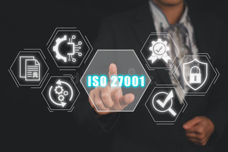 Businesswoman Hand Touching ISO 27001 Icon on Virtual Screen Stock ...