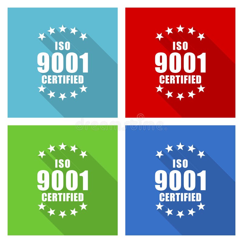 Iso 9001 Icon Set, Red, Blue, Green and Orange Flat Design Web Buttons ...