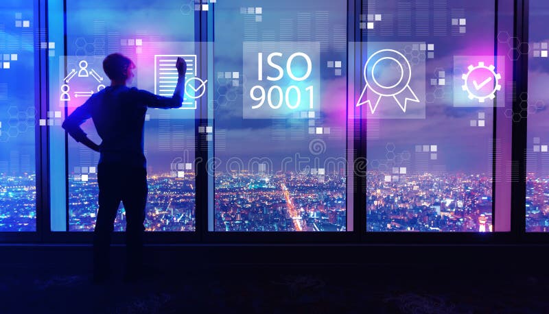 ISO 9001 with Man by Large Windows at Night Stock Image - Image of ...