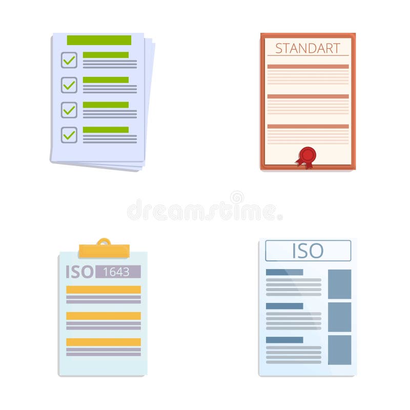 Iso Standard Icons Set Cartoon Vector. Certification Document with ...