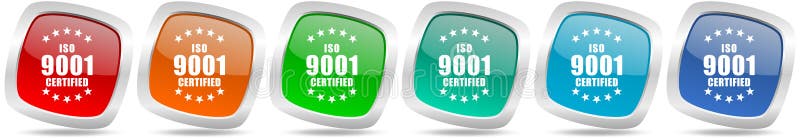 Iso 9001 Icon Set, Red, Blue, Green and Orange Flat Design Web Buttons ...