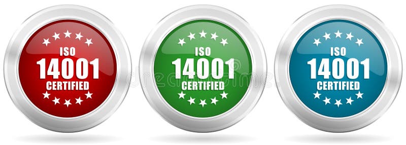 Iso 14001 Vector Icon Set. Red, Blue and Green Silver Metallic Web ...