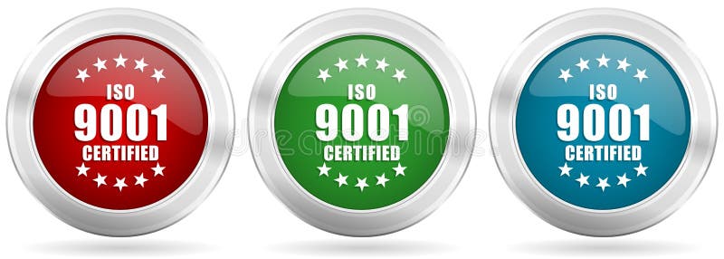 Iso 9001 Vector Icon Set. Red, Blue and Green Silver Metallic Web ...