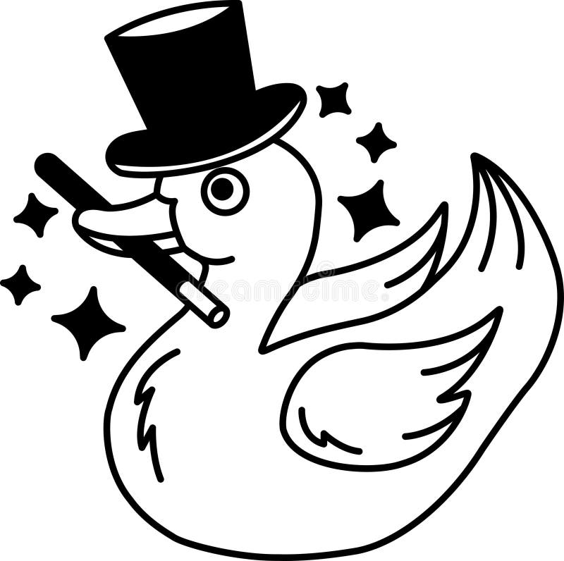 Isolate Black and White Illustration of Duck Wearing Hat and Holding ...