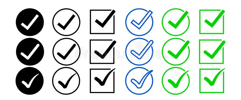 Isolate Check Mark Vector Icon Set, Outline Tick Button Symbol, Blue ...