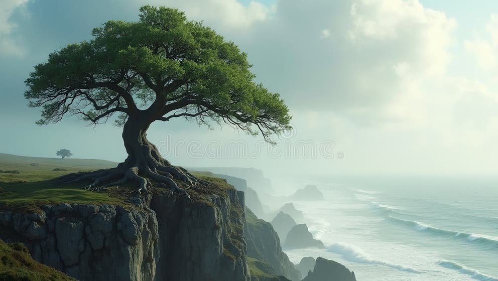 Isolated Ancient Tree on Cliff Symbolizes Resilience Stock Illustration ...