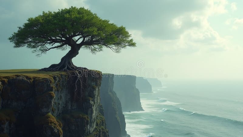 Isolated Ancient Tree on Cliff Symbolizes Resilience Stock Illustration ...