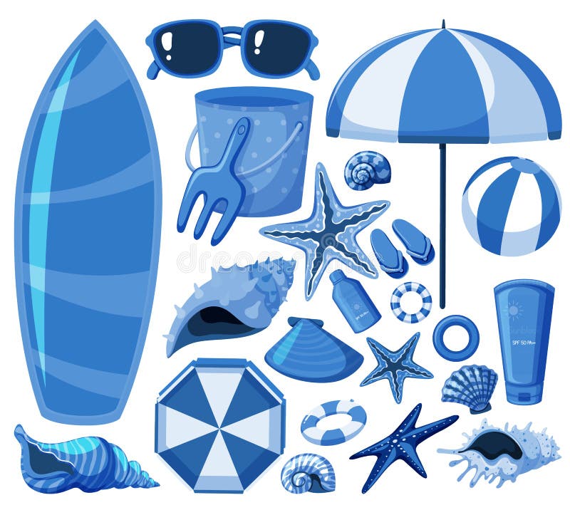 Isolated Beach Items Set in Blue Color Stock Illustration ...