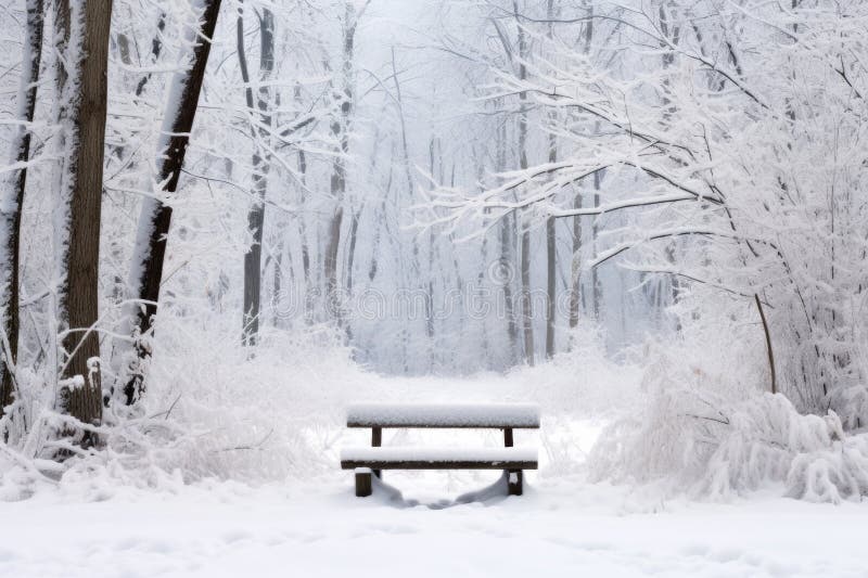 Isolated Bench in Snow-covered Woodland Scene Stock Photo - Image of ...