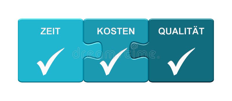 3 Blue Puzzle Buttons with Ticks Showing Time, Cost, Quality German ...