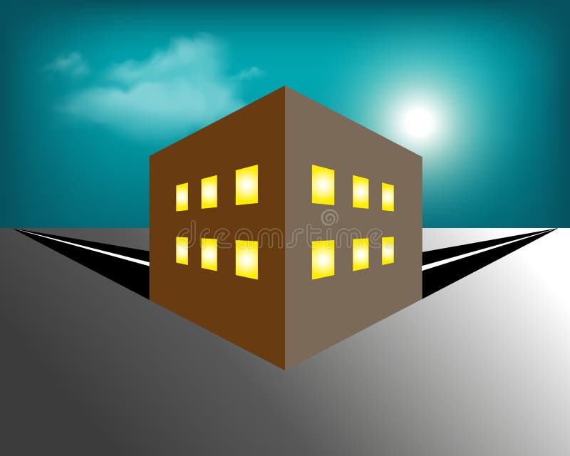 Isolated Building in Night Landscape. in the Distance the Moon Shines ...