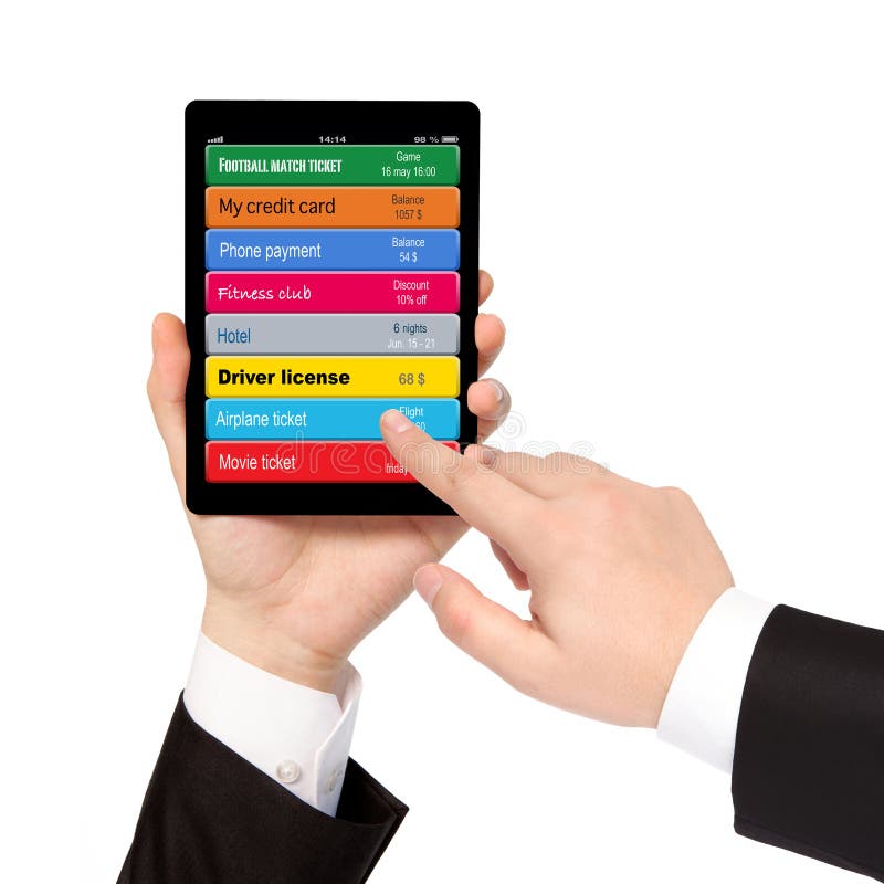 Isolated Businessman Hands Holding Tablet and Manage Virtual Wallet ...