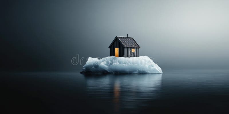 Isolated Cabin on Floating Iceberg in Mysterious Calm Water Setting ...