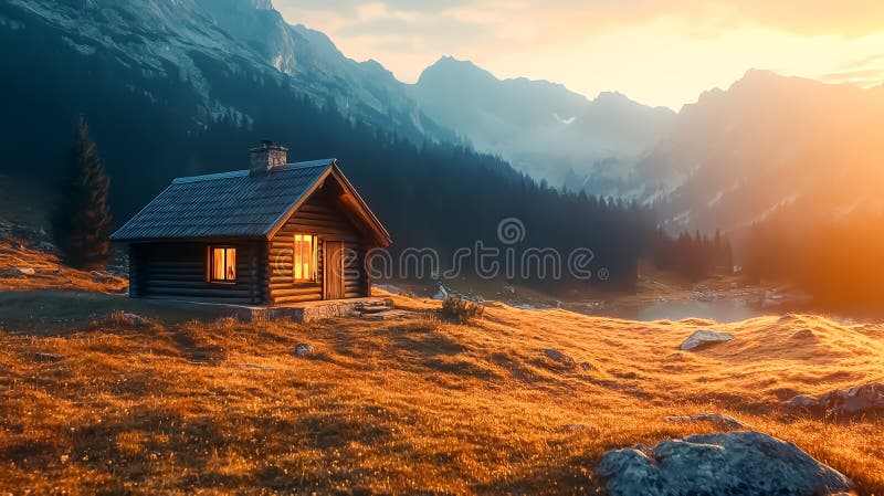 Cabin in the Mountains, Warm Light Inside, Peaceful Solitude Stock ...