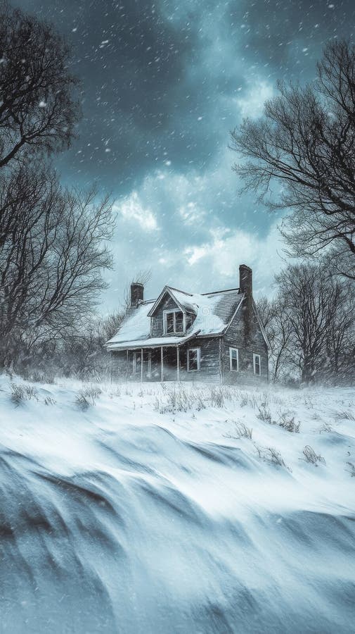 Isolated Cabin in Snowy Landscape with Bare Trees, Winter Storm Concept ...
