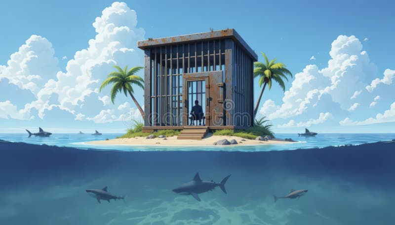 Isolated Cage on Tropical Island with Sharks and a Man Waiting Stock ...