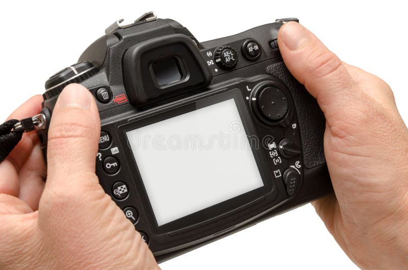 Isolated Camera in Hands. Isolated White Screen for Mockup Stock Image ...
