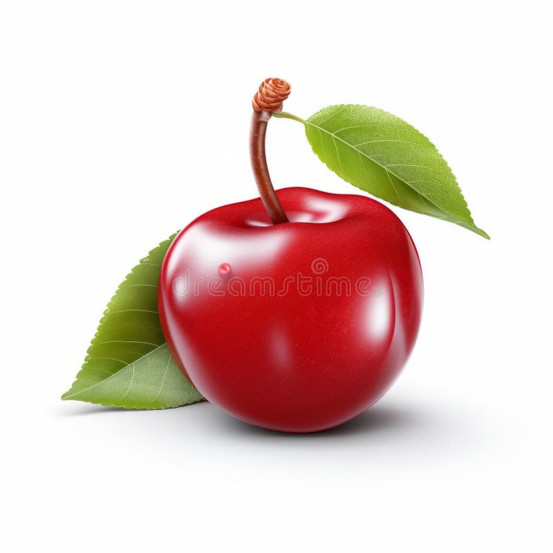 Hyperrealistic Red Cherry with Leaves on White Background Stock ...