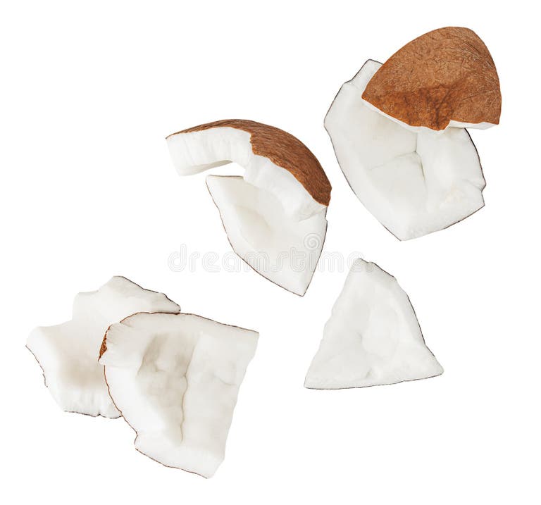 Isolated Coconut Pieces Falling on White Background. Coconut Explosion ...