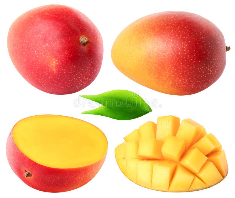Isolated Collection of Mango. Whole, Half, Cubes of Mango Fruit with Leaves Isolated on White ...