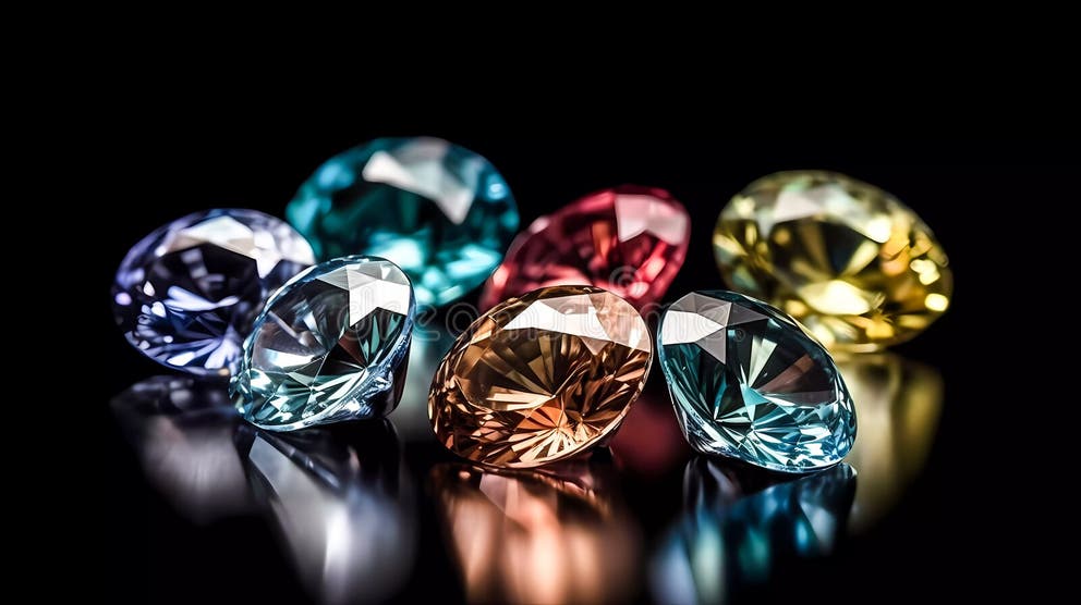 Isolated Colored Diamonds with Light Reflections, on a Black Background ...