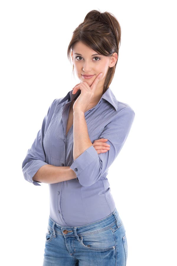 Isolated Considering Young Woman on White Background. Stock Image ...