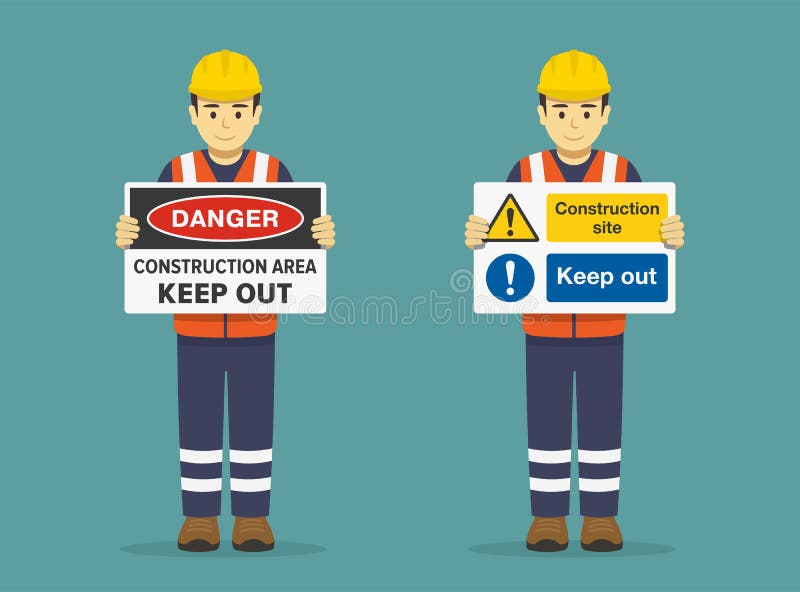 Isolated Construction Worker Holding Warning Sign. Danger, Construction ... Isolated Construction Worker Holding Warning Sign. Danger, Construction ...