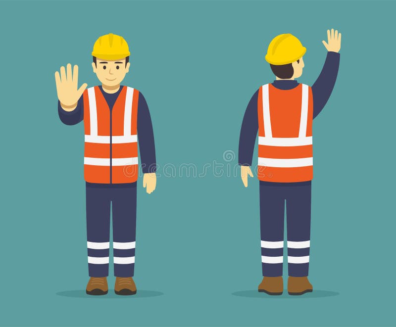 Isolated Construction Worker Makes a Stop Gesture with His Hand. Front ...