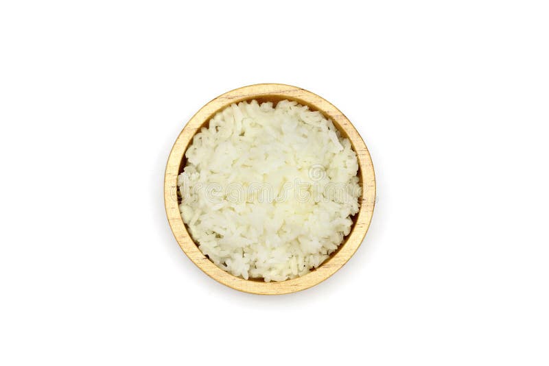 Isolated Cooked Jasmine Rice in the Wooden Bowl with Ear of Rice on ...