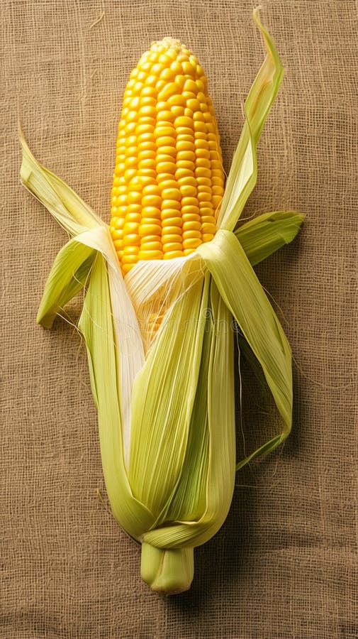Isolated Corn Cob on Textured Brown Sackcloth Background, Side View ...