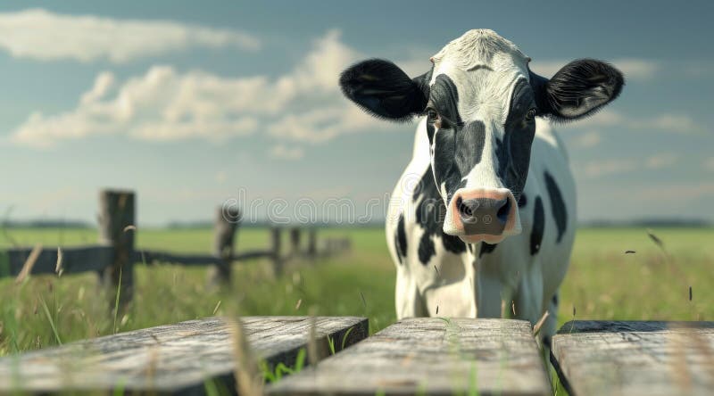 An Isolated Cow Standing in Front of a Wooden Table with Grass and ...