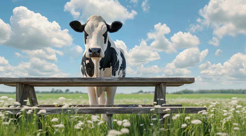 An Isolated Cow Standing in Front of a Wooden Table with Grass and ...