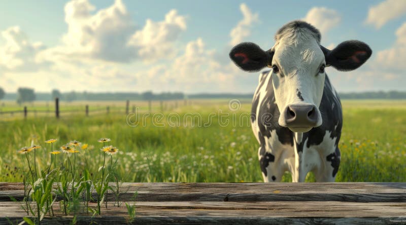 An Isolated Cow Standing in Front of a Wooden Table with Grass and ...