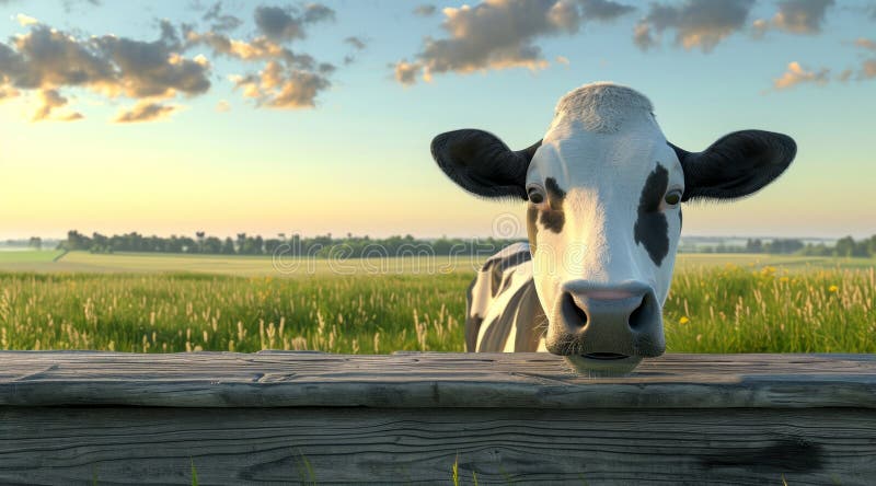 An Isolated Cow Standing in Front of a Wooden Table with Grass and ...