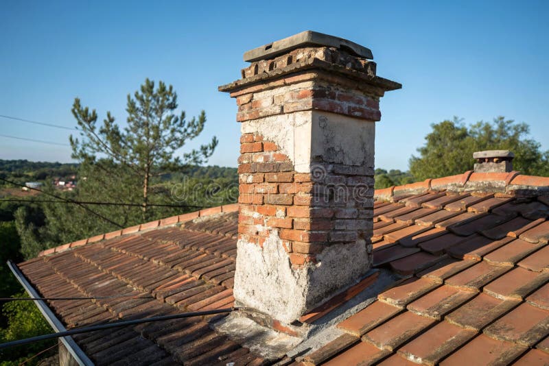 Isolated Damaged Clay Brick Chimney with Weathered Surface Stock ...