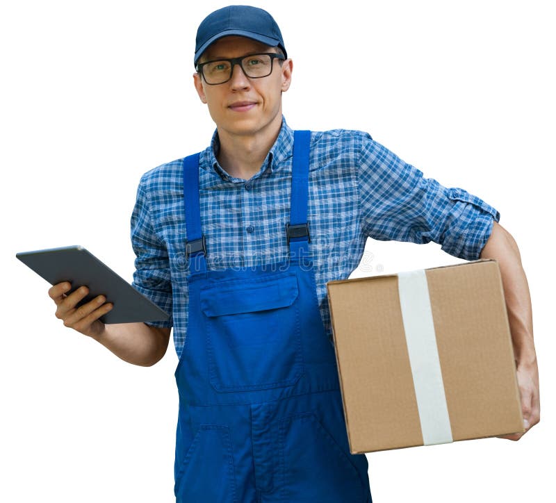 Isolated Delivery Man in Uniform with Digital Tablet Stock Image ...