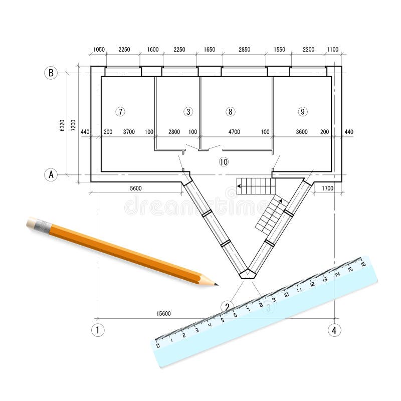 Isolated Design for a Building with Ruler and Pencil on White ...