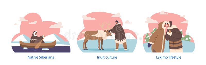 Isolated Elements with Eskimo Characters Riding Canoe, Nosing, Caress ... Isolated Elements with Eskimo Characters Riding Canoe, Nosing, Caress ...