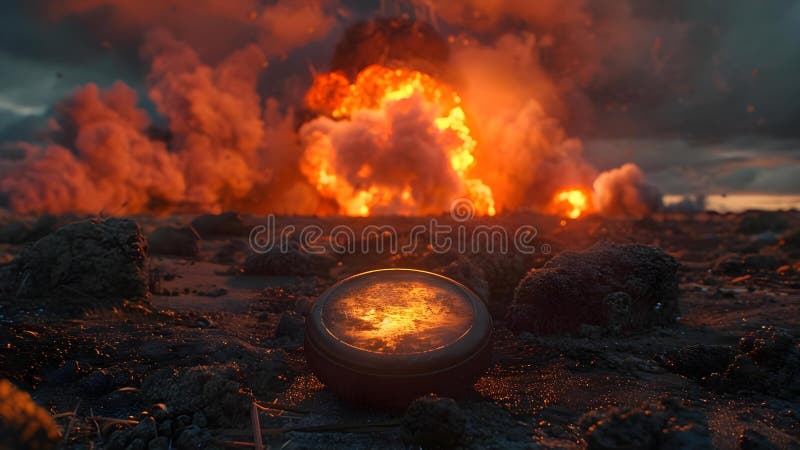 Isolated Emergency Stop Button in Desert with Ominous Nuclear Explosion ...