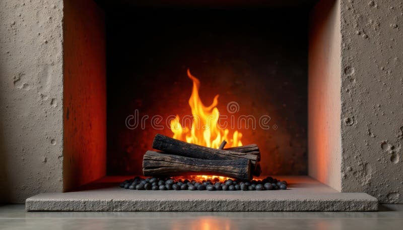Isolated Fireplace with Realistic Fire, Glowing Logs , Hearth, Brick ...
