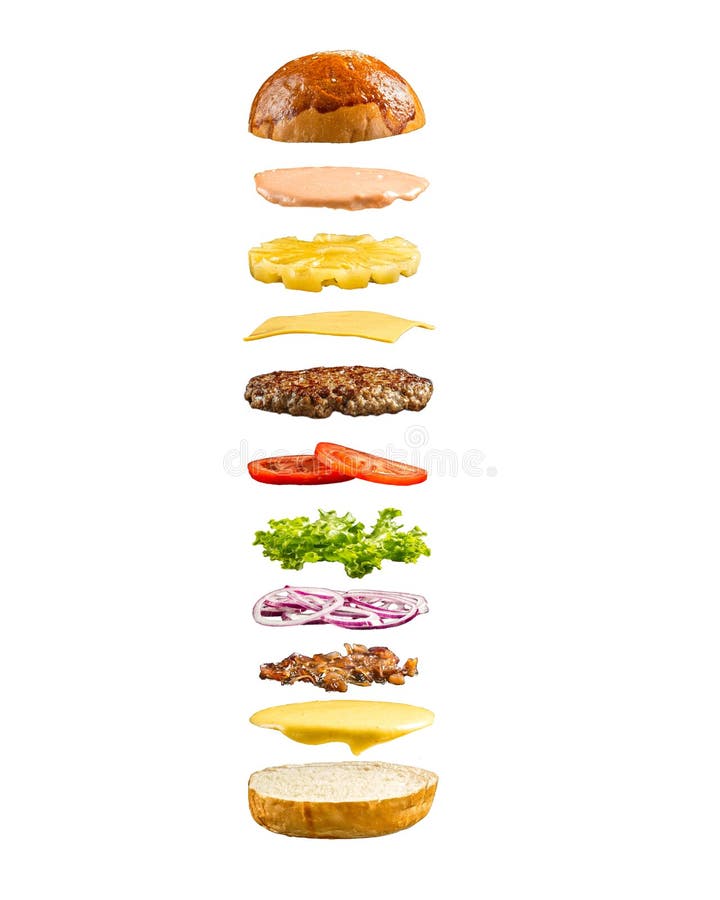 Isolated Floating Burger Ingredients on the White Stock Image - Image ...