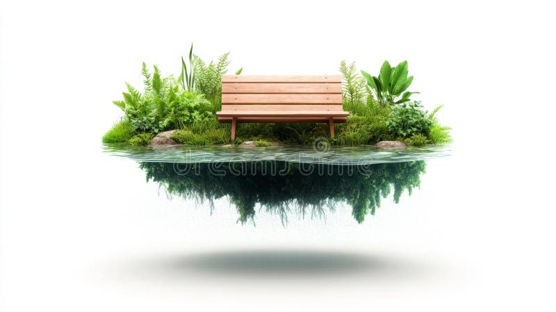 Isolated Floating Park Bench Surrounded by Lush Greenery and Water ...