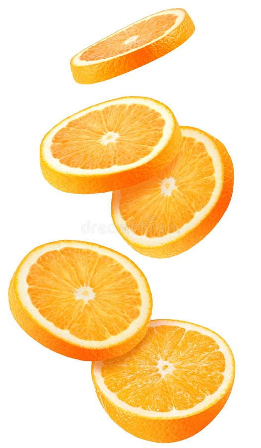 Isolated Flying Oranges. Falling Sliced Orange Fruit Isolated on White ...